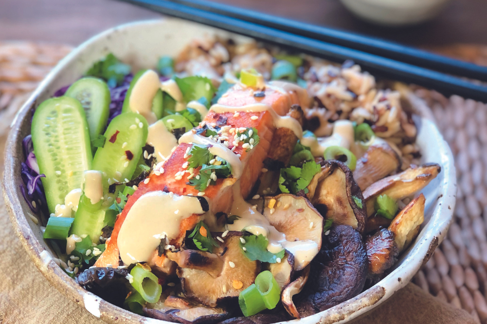 Salmon & Mushroom Wild Rice Bowl with Creamy Miso Dressing - WB